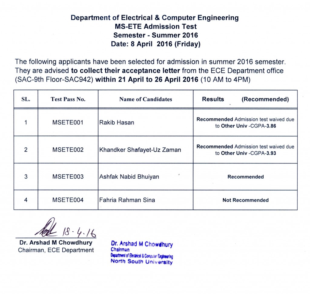 Graduate Admission test Result-Summer 2016 - Department of Electrical ...
