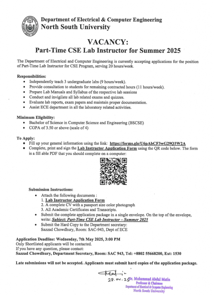 Part-Time CSE Lab Instructor for Summer 2025 - Department of Electrical ...