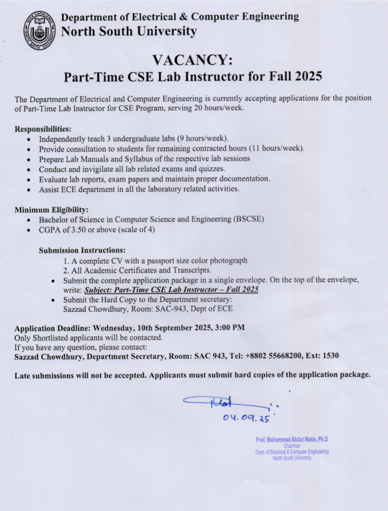 Part-Time CSE Lab Instructor for Fall 2025 - Department of Electrical ...